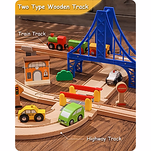 SainSmart Jr. Wooden Train Set 60pcs for Toddlers, Wood Highway and Train Track with More Cars Fits Brio, Thomas, Melissa and Doug for 3 4 5 Years Old Boys and Girls