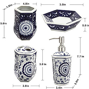 A&B Home 4 Piece Blue & White Ceramic Bathroom Set w/Soap Dispenser Toothbrush Holder Tumbler & Soap Dish