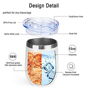 Waldeal Nonna Floral Wine Glass 12 oz, Double Wall Vacuum Insulated Travel Tumbler with Lid and Straw, Stainless Steel Stemless Coffee Cup for Women Grandma, White