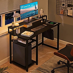 GreenForest Computer Desk with USB Charging Port and Power Outlet, Reversible Small Desk with Monitor Stand and Storage Shelves for Home Office, 40 in Work Desk with Cup Holder Hook, Black