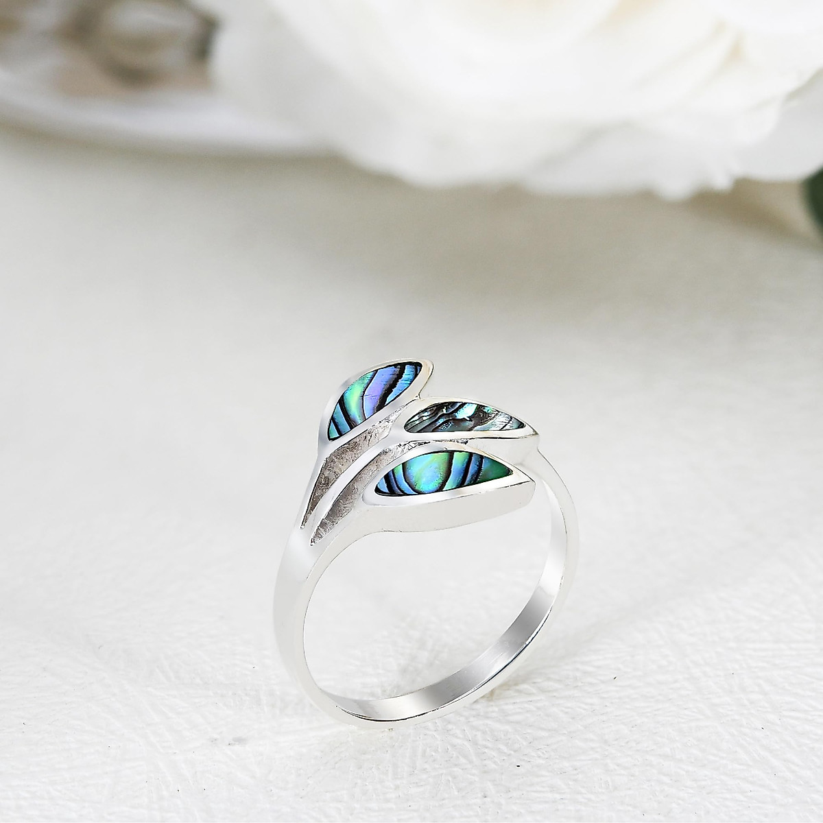 AeraVida Tropical Rainbow Abalone Shell Leaf Wrap .925 Sterling Silver Ring (7)