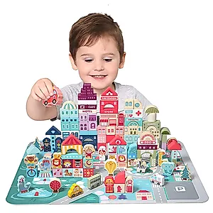 120PCS Wooden Blocks, Preschool Learning Educational Toys, Wooden Toddler Toys with City Map Construction, Stacking Blocks for 3+ Years Old Kids Boys Girls Children (Multicolored)