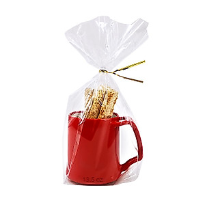 Wowfit 50 CT 8” x 12” Clear Flat Cellophane Treat Bags with 6” Gold Twist Ties, Cello Packaging for Mugs, Dessert, Muffins, Party Favors and Gift Wrapping