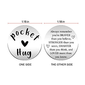 LRUIOMVE Always Remember You are Braver Than You Believe, Pocket Hug Token with Leather Keychain, Stainless Steel Double Sided Coin Long Distance Relationship Keepsake Gift