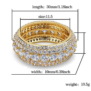 Apzzic 10mm Iced Out Gold Plated 5 Row Cubic Zirconia Diamond Hip Hop Eternity Band Engagement Ring for Men Women Gold Size 9