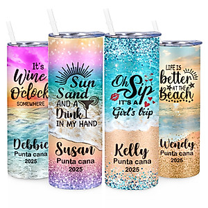 Personalized Girls Trip Tumblers with Name - Custom Beach Vacation Tumbler with Lid and Straw, Girls Weekend Gifts for Women, 2025 Girls Trip Gifts, Family Trip Gift, Bachelorette Trip Vacation Cups
