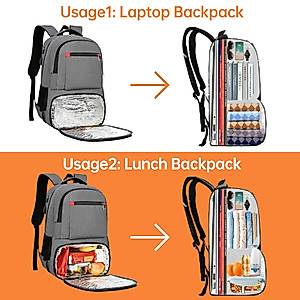 DAILY&DIARY Lunch Backpack, Insulated Cooler Backpack with Lunch Compartment for Men Women Water Resistant Lunch Bag 15.6 Inch Laptop Backpack Durable for Work, School, Camping, Picnics, Grey