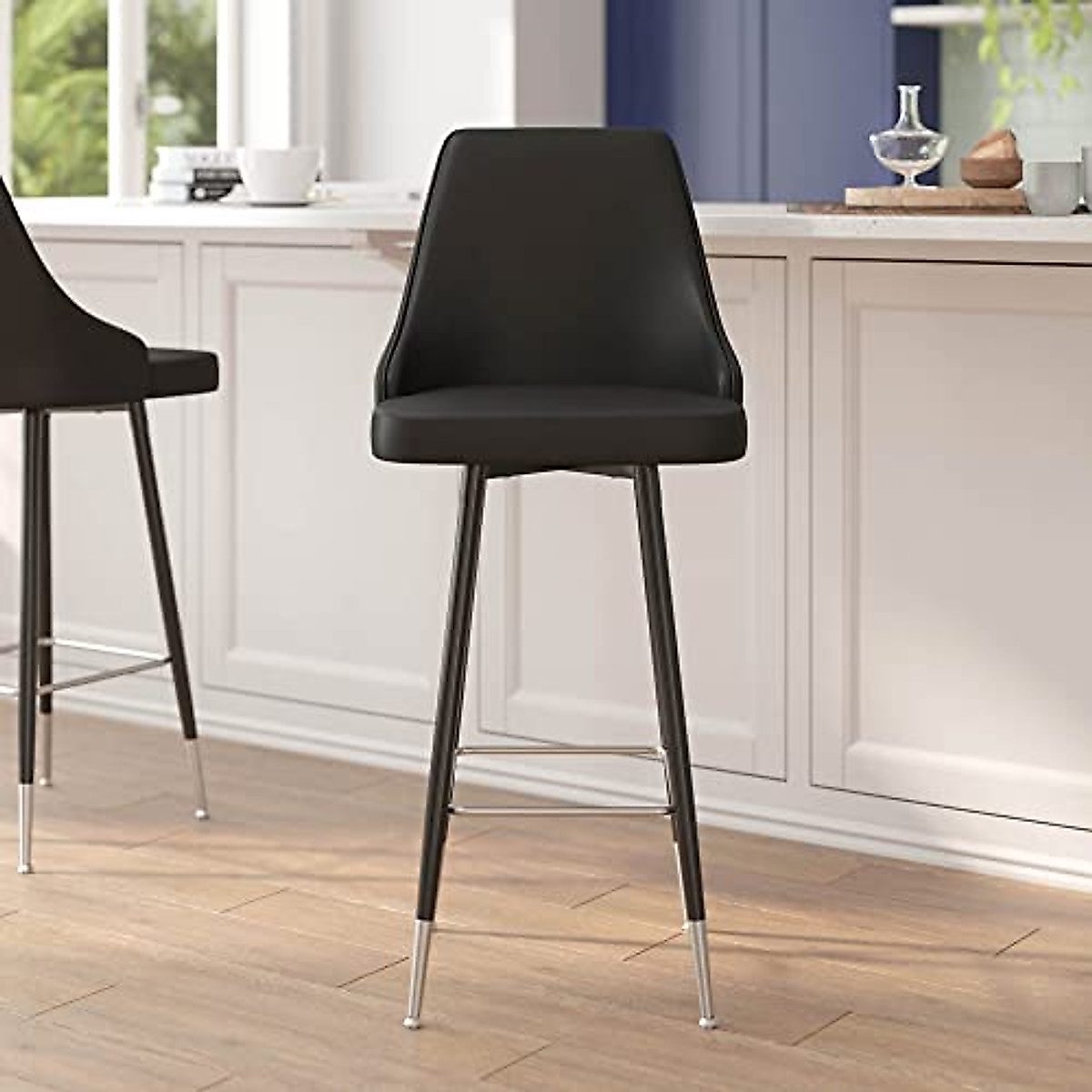 Flash Furniture Shelly Set of 2 Commercial Bar Height Bar Stools - Black LeatherSoft Upholstery - Black Metal Frames - 30" High - Chrome Feet and Footrests