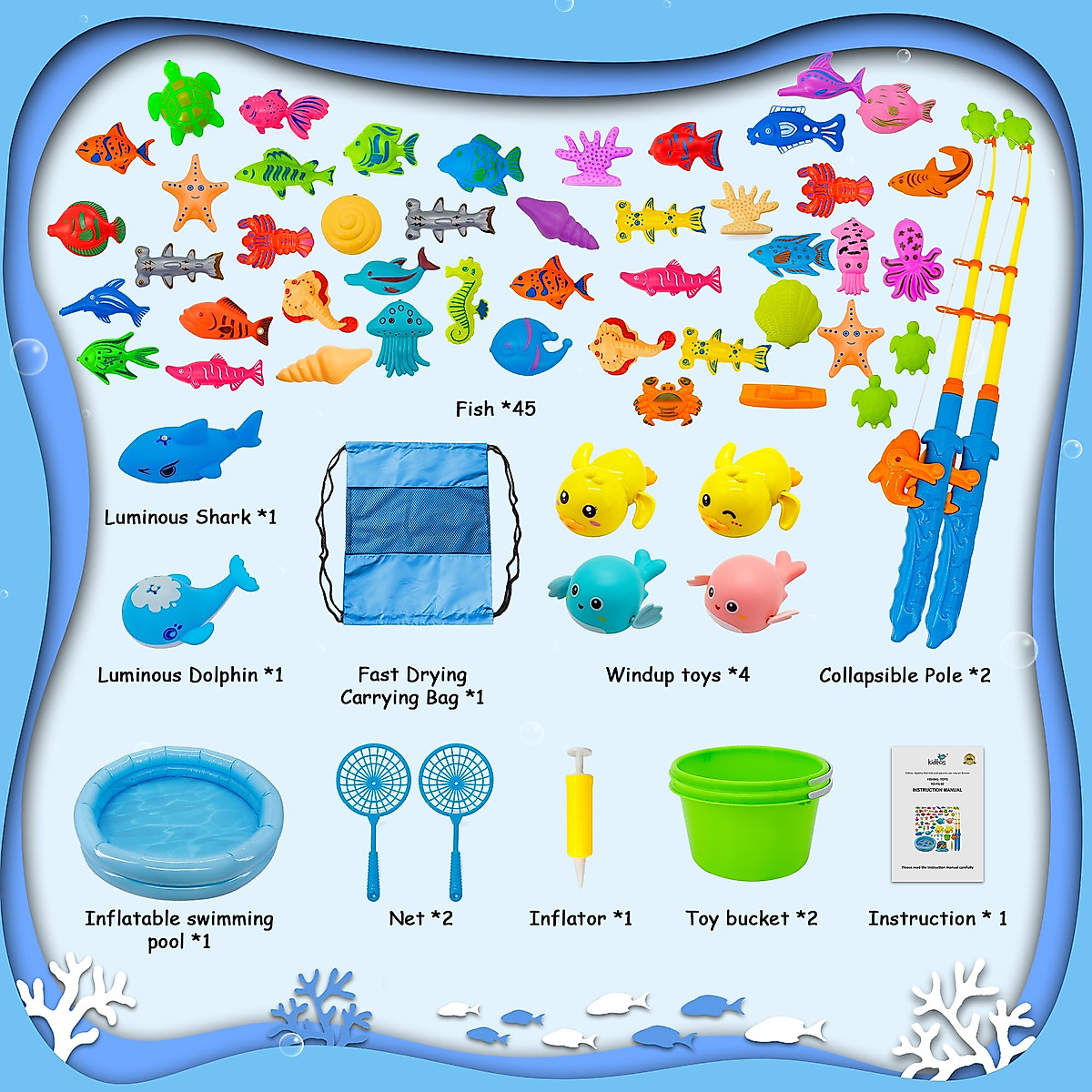 Kiditos 60PCS Magnetic Fishing Bath Toys Game Set,Swimming Fish Toys for Bathtub,Water Table Bathtub Toys for Toddlers Kids Age 3-6, Pool Toys for Pretend Play&Education Teaching&Learning Colors