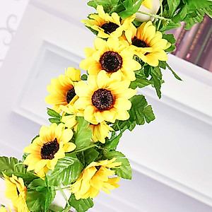 Yaoijin 2 Pack 16.4 Feet Artificial Fake Sunflower Garland Plants in Yellow(Each 8.2' Long with 12 Vine) for Hanging Wedding Garland Fake Foliage Flowers Home Kitchen Garden Office Wedding Wall Decor