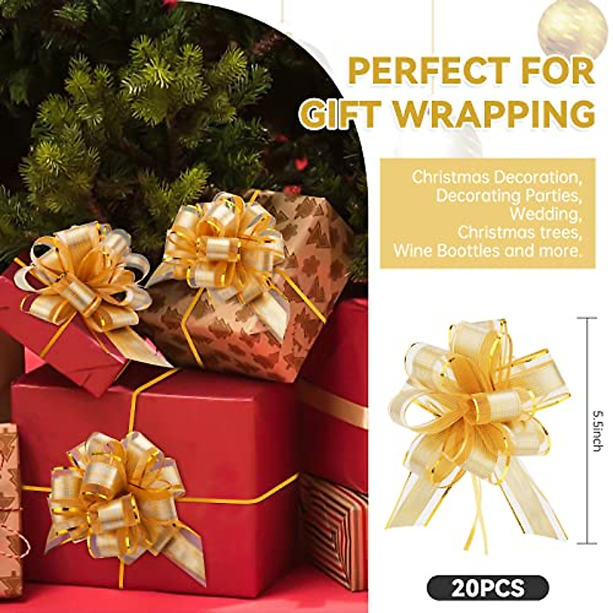 Amcami 20 Pieces Large Christmas Pull Bows for Gift Wrapping Big Gold Ribbon Bows for Xmas Gift Baskets Wine Bottles Decoration Gift Bows Organza Pull Bow for Wedding Party Birthdays Holidays