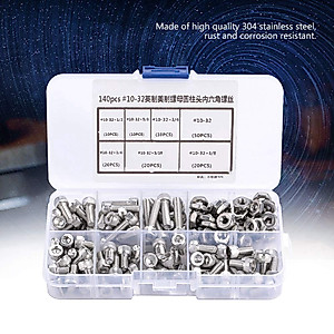 140Pcs #10-32 Stainless Steel Hex Socket Cap Hd Bos Hex Screw Assoment Kit, with Plastic Storage Box