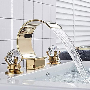 FUZ Polished Gold Bathroom Faucet 3 Hole Dual Crystal Knobs Widespread 3 Holes Vanity Basin Mixer Tap Bathtub Filler Faucet Waterfall Faucet for Bathroom Sink…