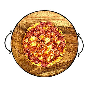 Wrightmart Handmade Round Wooden Serving Tray with Handle, Decorative Food Charcuterie, Beverage Server, Hand Shaped, Displays Natural Variations, Size May Vary Slightly, 14” Diameter