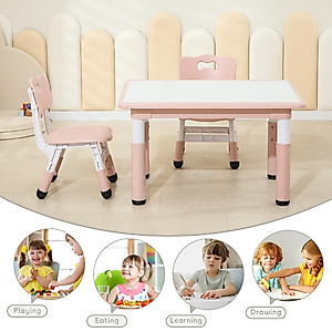Kids Table and Chairs, Height-Adjustable Toddler Table and Chair Set with 31.5''Lx23.6''W Graffiti Desktop, Table Chair for Ages 3-8, Childrens Table and Chair Set for Daycare with 2 Chairs, Pink
