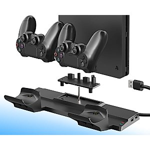 ElecGear Vertical Charging Stand for PS4, Dual Charging Station Charger Dock for DualShock 4 Controller with 4X Mini Dongle Adapter and 2X USB Port Accessory Kit for PS4, PS4 Slim, PS4 Pro