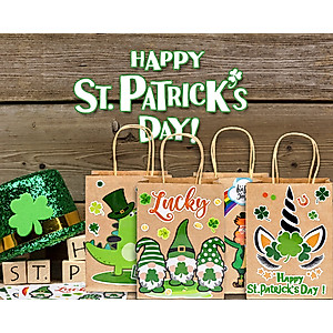 Whaline St Patrick's Day Kraft Paper Gift Bags Party Bag with Handles 24 Sheet DIY Stickers Shamrock Green Unicorn Gnome Goody Bags Irish Birthday Party Supplies Gift Wrap, 6 x 3 x 8.3inch