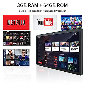Android 11 Tablet 10inch Phablet, Large Storage 64GB Tablets Dual Stereo Speakers 512GB Expand, Octa-core Processor 3GB RAM 6000mAh Big Battery 10.1'' IPS HD Screen Google Tableta Tab
