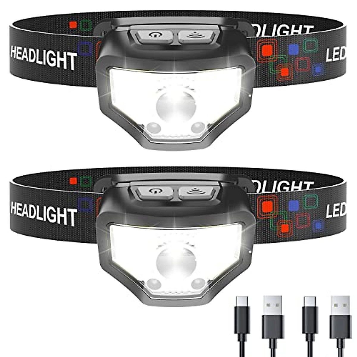 Curtsod Headlamp Rechargeable, 2-Pack 1200 Lumen Super Bright with White Red LED Head Lamp Flashlight, 12 Modes, Motion Sensor, Waterproof, Outdoor Fishing Camping Running Cycling Headlight