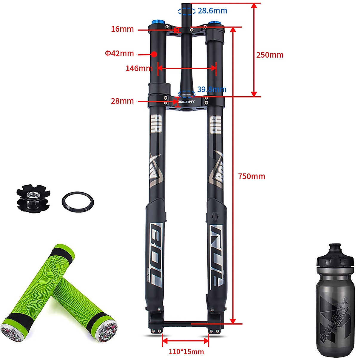 BOLANY Downhill Mountain Bike Air Suspension Front Fork Double Shoulder Inverted Aluminum Alloy Thru-Axle Boost Spacing 15 * 110mm Fork Fit for Disc Brake 26/27.5/29 Inch Tire (Tapered Steerer)