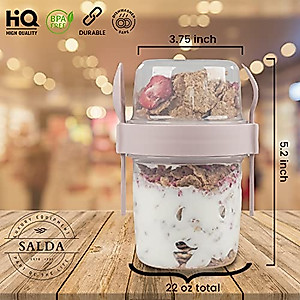 Salda 2 Pack 22 oz Breakfast On the Go Cups, Take and Go Yogurt Cup with Topping Cereal Cup with spoon and fork, Overnight Oats or Oatmeal Container Jar, Colorful Set of 2 (Red and Pink)