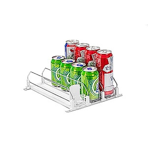 Drink Organizer for Fridge, Self-Pushing Soda Can Organizer for Counter Refrigerator, Width Adjustable Pusher Glide, White, 12”depth-3rows