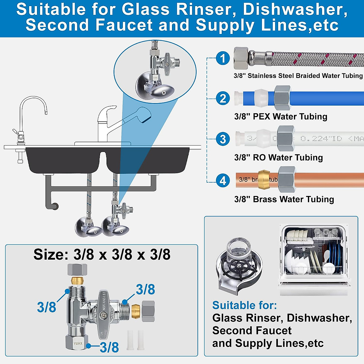 Brass Angle Stop Add-A-Tee Valve,3/8 x 3/8" x 3/8 Compression Water Splitter