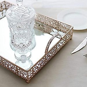 BalsaCircle 16x12-Inch Rose Gold Metal Rectangle Fleur De Lis Trim Decorative Mirror Serving Tray Wedding Party Dessert Centerpieces