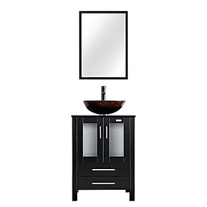 eclife 24" Modern Bathroom Vanity Sink Combo Black Stand Cabinet with Brown Round Tempered Glass Vessel Sink & Water Save Faucet & Pop Up Drain (A09)