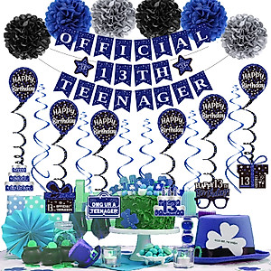 13th Birthday Decorations for Boys Girls, Blue Official 13th Teenager Banner Party Decorations, Happy Thirteen Birthday Decor Double-Sided Card Pompoms Hanging Swirl for 13 Years Teenagers Gifts 48pcs