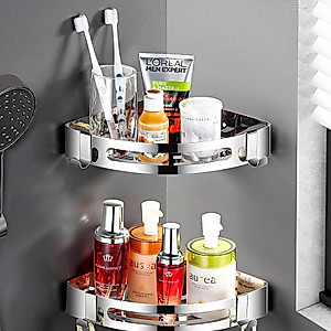 kaimeijia 304 Stainless Steel Bathroom Corner Shelf,Corner Shower Shelf with 2 Hooks, Shower Shampoo Holder No Drilling Required, 2 Pcs corner shower shelves(Silver)