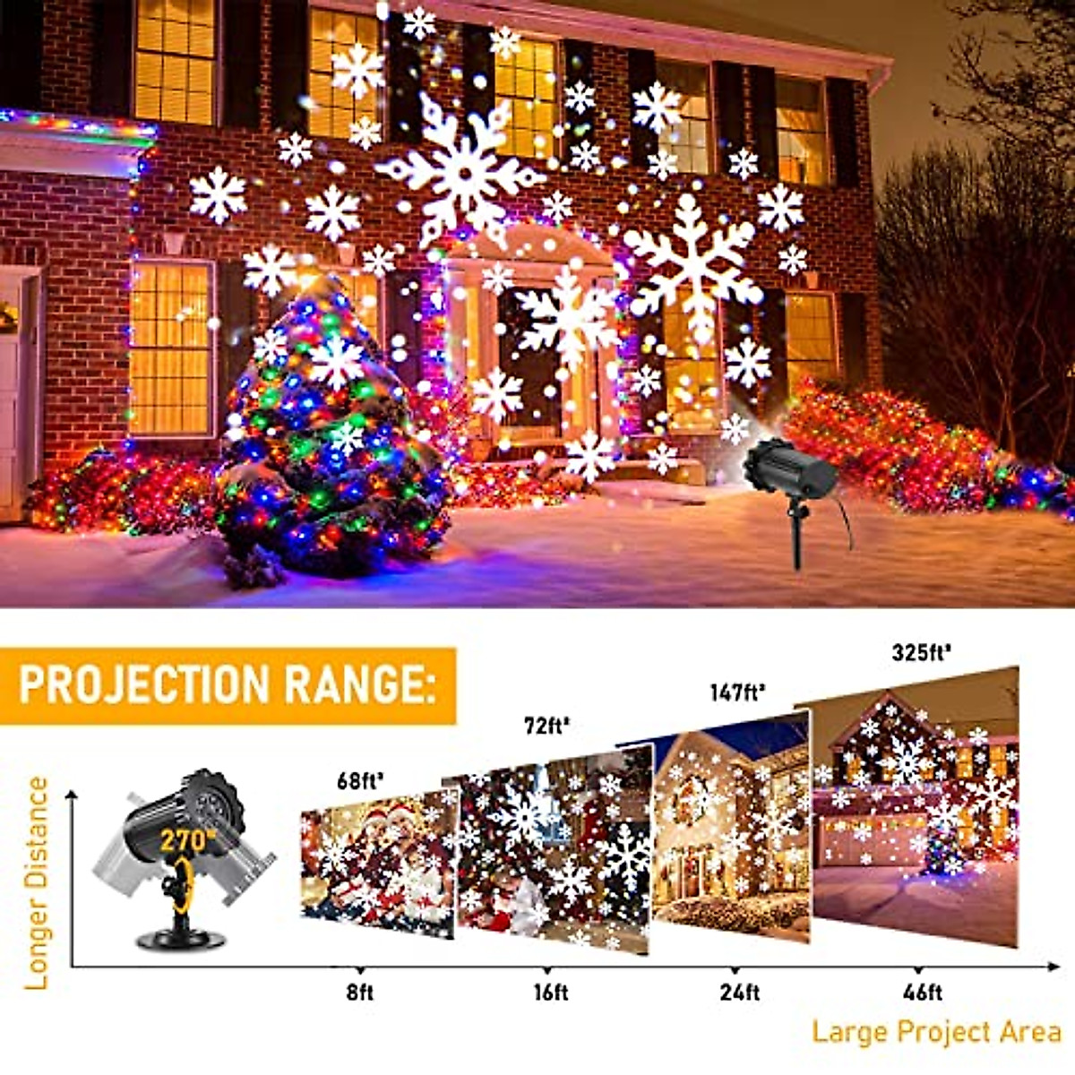 Christmas Projector Lights Outdoor, Greenclick Upgraded Rotating Snowflake Projector with Remote Timer IP65 Waterproof LED Christmas Snowfall Projection Lamp for Xmas Holiday House Decoration, 16.4ft