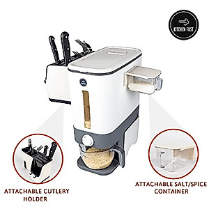 KITCHEN FAST–22LBS Rice Dispenser–Food Dispenser-Attachable Cutlery Holder and Salt/Spice Container–Large Grain Storage with Lid–Extra Storage Box-Moisture Proof-Optimizes Kitchen Space–Rice Storage