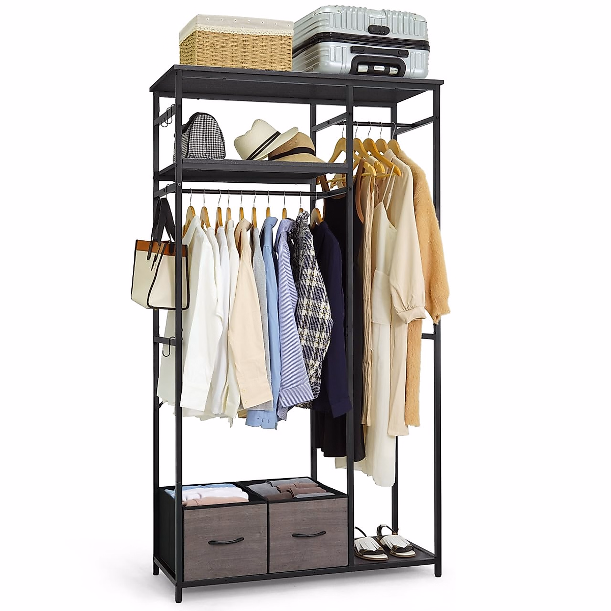 CAPHAUS 550lbs Capacity Garment Rack for Hanging Clothes, Heavy Duty Metal Open Wardrobe w/Hanging Rods & Drawers, Free Standing Closet Organizer, Metal Closet w/Wooden Boards, Black Vintage Board