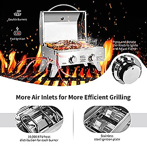 ORALNER Portable Gas Grill 20,000 BTU Stainless Steel Grill Tabletop Propane BBQ Griddle w/Foldable Legs, Gas Hose, 266 Sq.in Cooking Area, 2 Burner Gas Grill for Outdoor Camping, Tailgating, Picnic