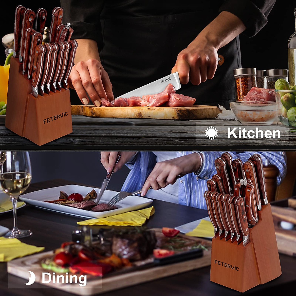 FETERVIC Knife Set -16 PCS High Carbon Kitchen Knife Sets Wooden Block with Chef Knife, 6 Pieces Steak Knives, Bread Knife, Sharpener Rod and Kitchen Scissors - Best Gift