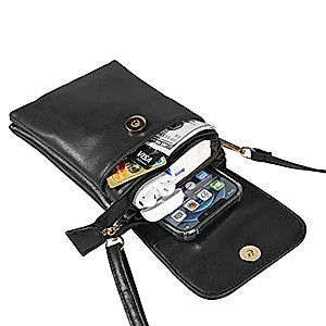 Dull Polish Leather Roomy Pockets Crossbody Bags Cell Phone Purse for iPhone 12 Pro Max Samsung Galaxy S21 Ultra S20 FE Note20 Ultra A51 A52 Google Pixel 5 Moto G10 G20 OnePlus 9 BLU G90 Pro (Black)