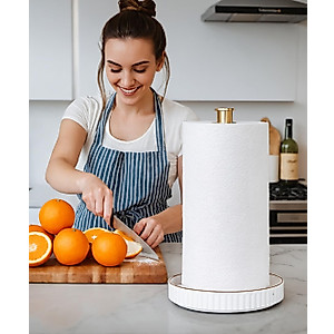 VROOMIUM Gold Paper Towel Holder Countertop, Ceramic Base Easy-to-Clean, 1.4 lbs, 7" B x 12.5" H, Stable Elegant and Durable Kitchen Roll Stand