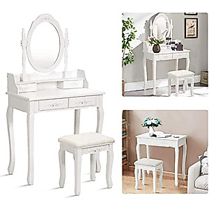 Girls Makeup Vanity Set with Mirror & Stool, Rose Carving Makeup Table, 4 Drawer White Dressing Desk for Bedroom