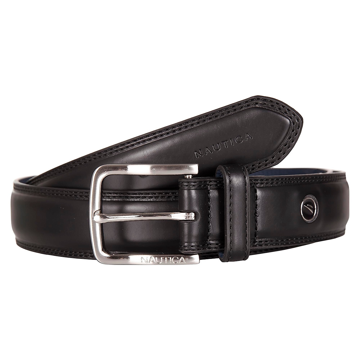 Nautica mens Logo Inlay Ornament Double Stitch Leather Belt, Black, 38 US