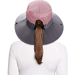 Rosoz Ponytail Sun Bucket Hats for Women UV Protection Foldable Mesh Wide Brim Hiking Beach Fishing Summer Safari