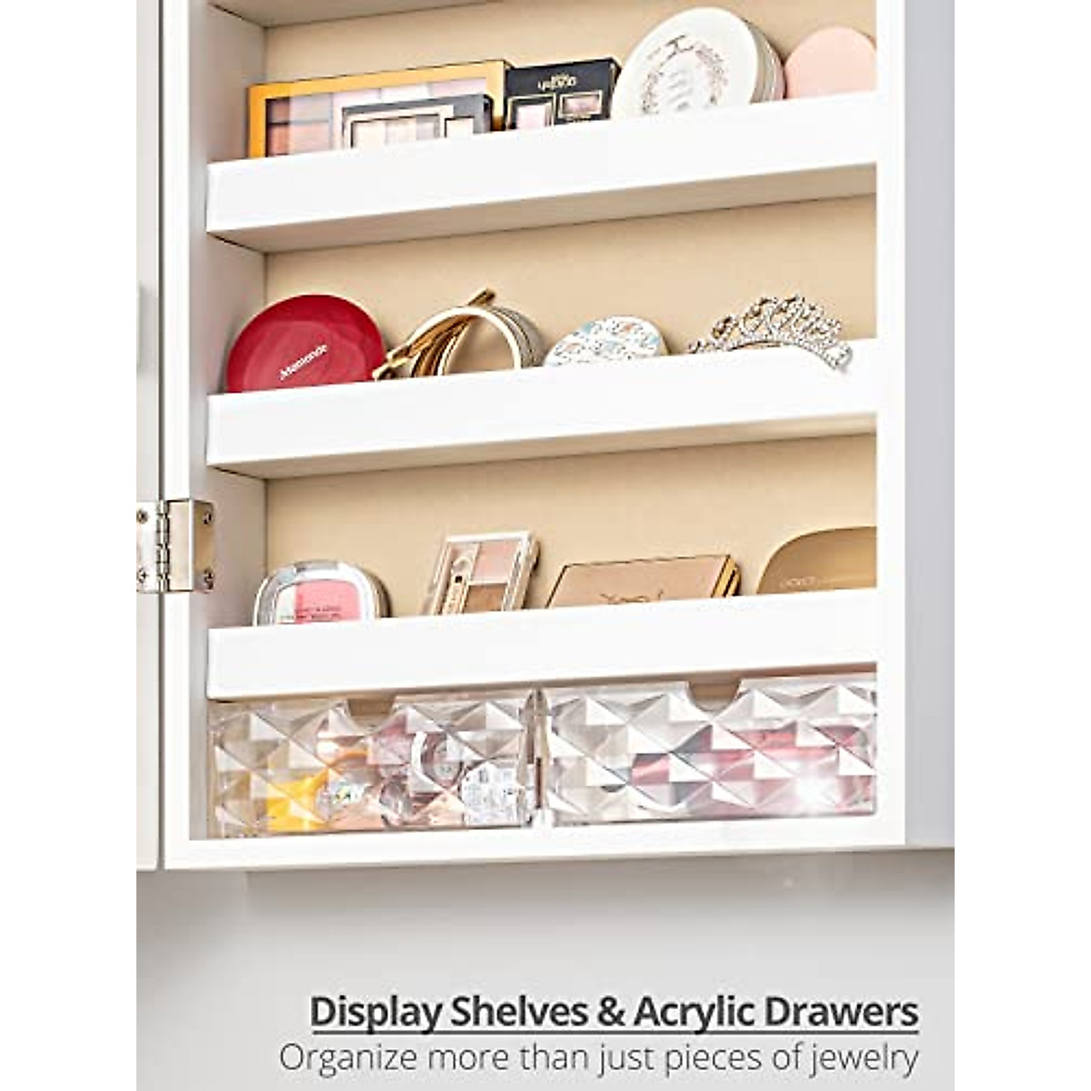 LUXFURNI Mirror Jewelry Armoire Cabinet with Storage, Door Hanging/Wall Mounted Cabinet Organizer with Brush Holder, White