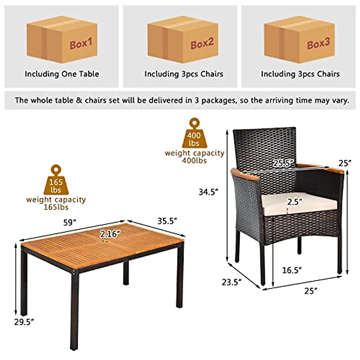 Tangkula 7 Pieces Outdoor Dining Set, Patiojoy Wicker Conversation Set with Umbrella Hole, Stackable Rattan Chairs w/Soft Cushion, Table & Chairs Set with Acacia Wood Tabletop for Garden, Backyard