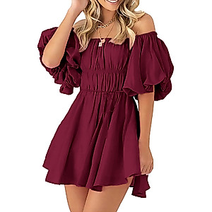 PRETTYGARDEN Women's Off The Shoulder Babydoll Dress Short Puff Sleeve Casual A Line Ruffle Summer Dresses (Solid Wine Red,Large)