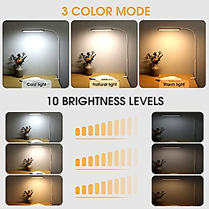 Voncerus LED Desk lamp with Clamp, Eye-Caring Clip on Lights for Home Office, 3 Modes 10 Brightness, Long Flexible Gooseneck, Metal, Swing Arm Architect Task Table Lamps with USB Adapter, White