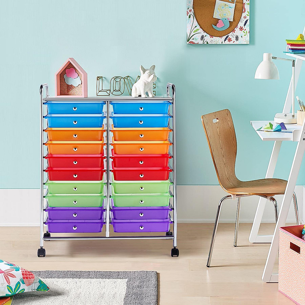 Yaheetech 20 Drawers Rolling Storage Cart Multipurpose Movable Organizer Cart Tools Scrapbook Paper Organizer on Wheels, Multicolor