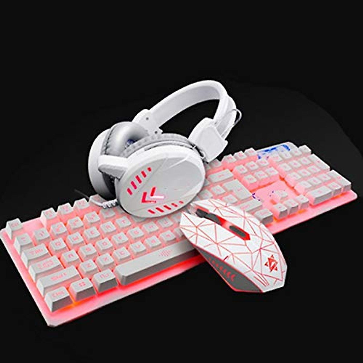 Raxinbang Keyboard Gaming Keyboard,USB Keyboard Set Gaming Mouse Computer Backlight Headset Waterproof Gaming Headset for LOL (Color : Pink)