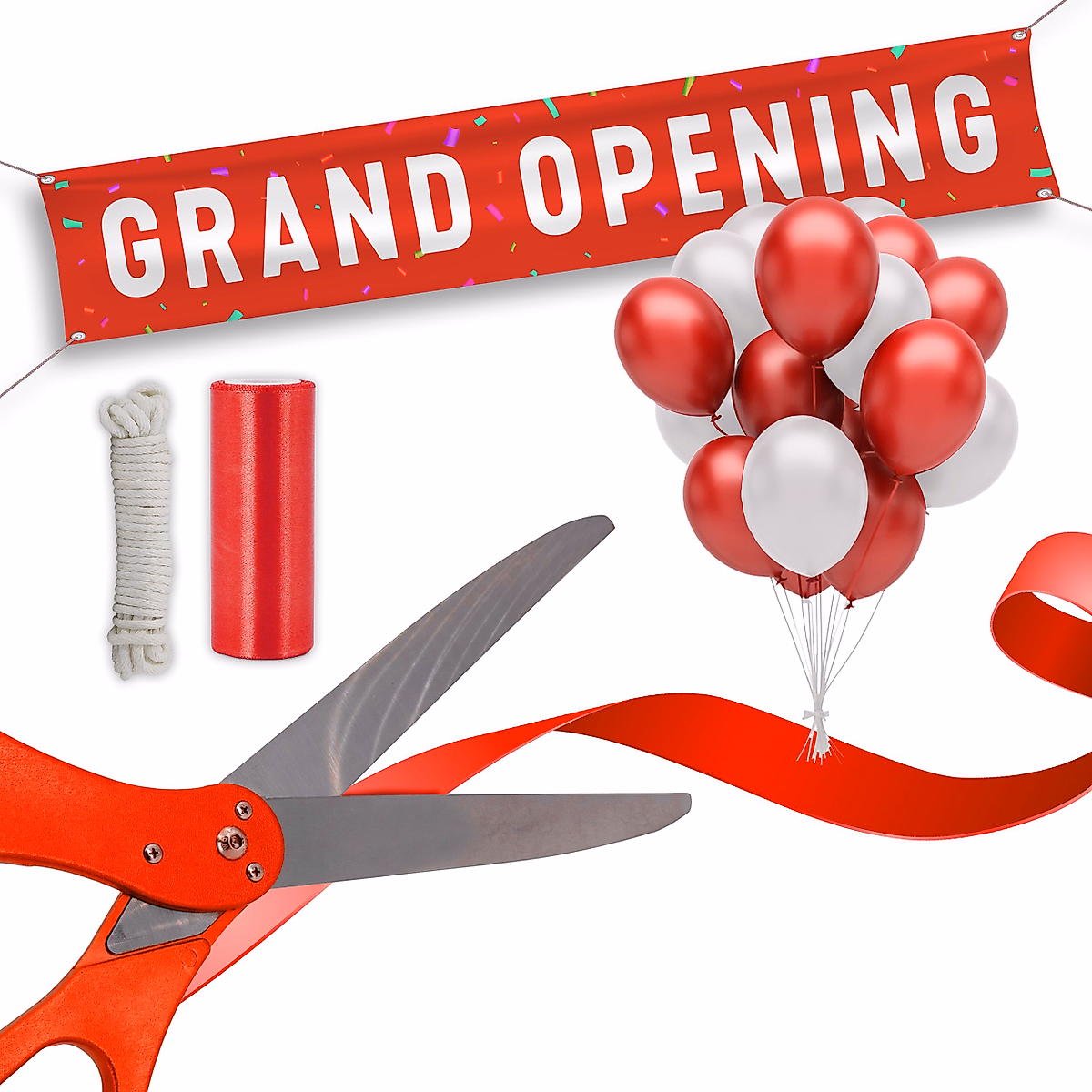 SIRCLES Grand Opening Ribbon Cutting Ceremony Kit - 25" Giant Scissors, 5yd of 4" Wide Ribbon, 10ft Banner, 8 Red & 8 White Balloons, 19 ft Banner Rope, 2 Rolls Balloon Ribbon - Grand Opening Kit
