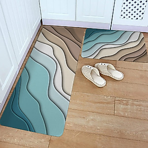 Debedcor Geometric Teal Kitchen Rugs and Mats Set of 2, Brown Cream Aesthetic Non-Skid Bathroom Rugs, Kitchen Runner Turquoise Ombre Rug Floor Mat for Sink/Laundry Room/Office, 15.7"x23.6"+15.7"x47.2"