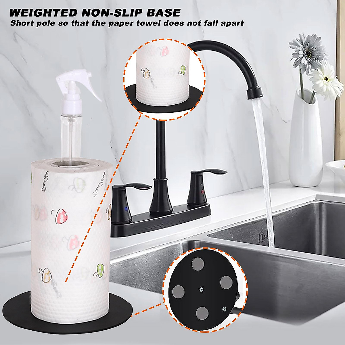 Paper Towel Holder with Spray Bottle,Stainless Steel Countertop Paper Towel Holder for Kitchen Bedroom and Bathroom, One-Handed Operation Kitchen Paper Towels Holder with Non Slip Weighted Base Black
